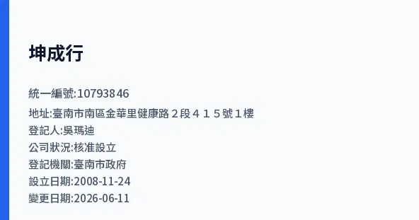 坤成行的照片-統編 10793846(臺南市) 公司登記資料與營業項目詳細圖表