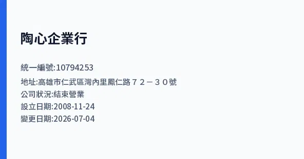 陶心企業行的照片-統編 10794253(高雄市) 公司登記資料與營業項目詳細圖表
