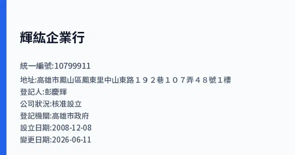 輝紘企業行的照片-統編 10799911(高雄市) 公司登記資料與營業項目詳細圖表