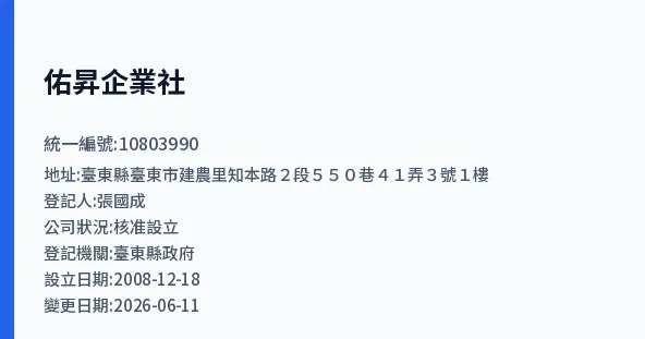 佑昇企業社的照片-統編 10803990(臺東縣) 公司登記資料與營業項目詳細圖表