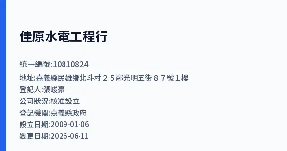 佳原水電工程行的照片-統編 10810824(嘉義縣) 公司登記資料與營業項目詳細圖表