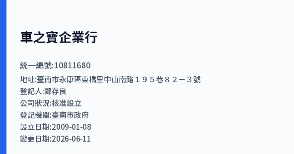 車之寶企業行的照片-統編 10811680(臺南市) 公司登記資料與營業項目詳細圖表
