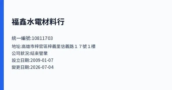 福鑫水電材料行的照片-統編 10811703(高雄市) 公司登記資料與營業項目詳細圖表