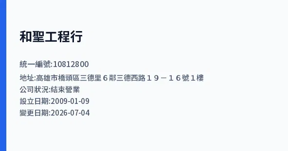 和聖工程行的照片-統編 10812800(高雄市) 公司登記資料與營業項目詳細圖表