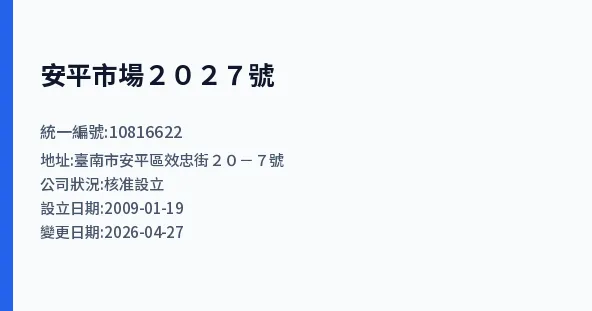 安平市場2027號的照片-統編 10816622(臺南市) 公司登記資料與營業項目詳細圖表