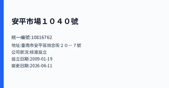 安平市場1040號的照片-統編 10816762(臺南市) 公司登記資料與營業項目詳細圖表