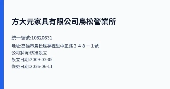 方大元家具有限公司鳥松營業所的照片-統編 10820631(高雄市) 公司登記資料與營業項目詳細圖表