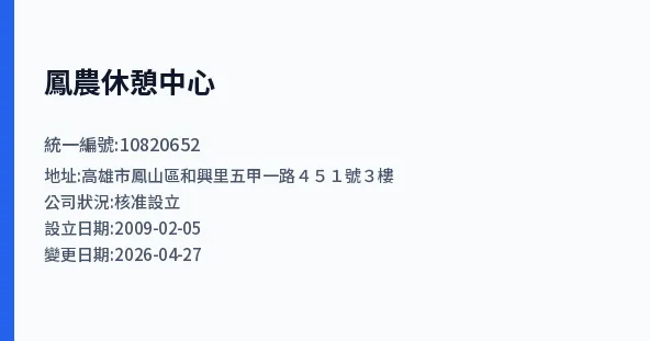 鳳農休憩中心的照片-統編 10820652(高雄市) 公司登記資料與營業項目詳細圖表