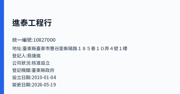進泰工程行的照片-統編 10827000(臺東縣) 公司登記資料與營業項目詳細圖表
