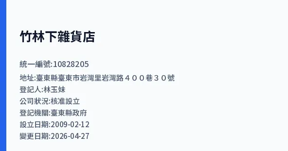 竹林下雜貨店的照片-統編 10828205(臺東縣) 公司登記資料與營業項目詳細圖表