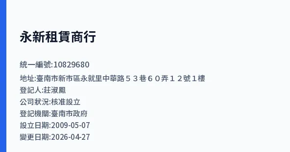 永新租賃商行的照片-統編 10829680(臺南市) 公司登記資料與營業項目詳細圖表