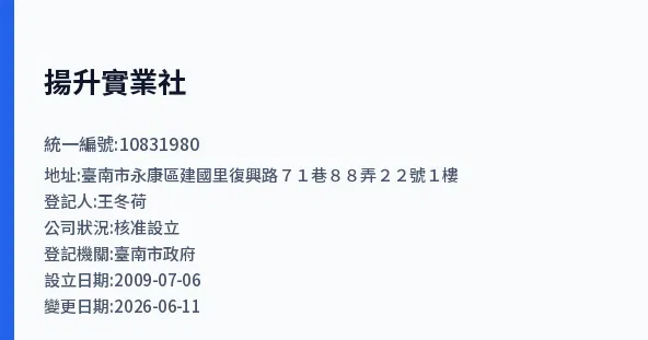 揚升實業社的照片-統編 10831980(臺南市) 公司登記資料與營業項目詳細圖表