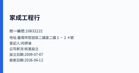 家成工程行的照片-統編 10832221(臺南市) 公司登記資料與營業項目詳細圖表