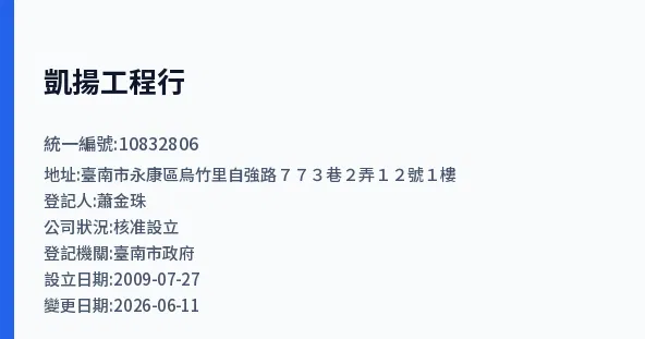 凱揚工程行的照片-統編 10832806(臺南市) 公司登記資料與營業項目詳細圖表