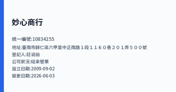 妙心商行的照片-統編 10834255(臺南市) 公司登記資料與營業項目詳細圖表