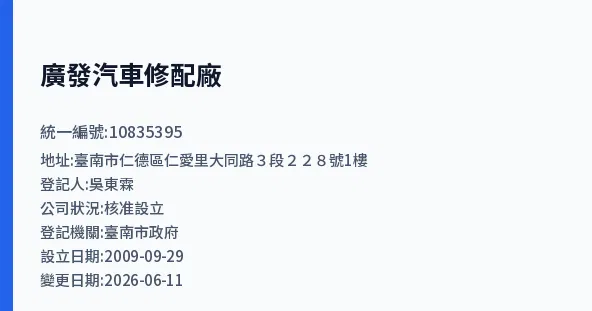 廣發汽車修配廠的照片-統編 10835395(臺南市) 公司登記資料與營業項目詳細圖表
