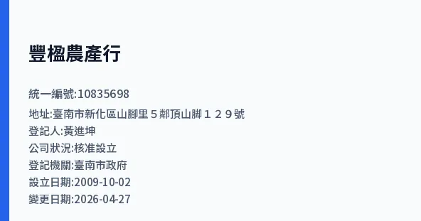 豐楹農產行的照片-統編 10835698(臺南市) 公司登記資料與營業項目詳細圖表