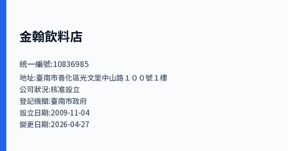 金翰飲料店的照片-統編 10836985(臺南市) 公司登記資料與營業項目詳細圖表