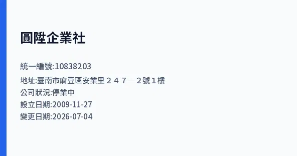 圓陞企業社的照片-統編 10838203(臺南市) 公司登記資料與營業項目詳細圖表