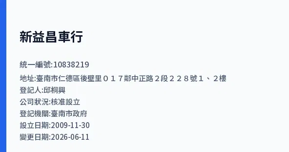 新益昌車行的照片-統編 10838219(臺南市) 公司登記資料與營業項目詳細圖表