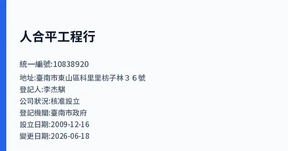 人合平工程行的照片-統編 10838920(臺南市) 公司登記資料與營業項目詳細圖表