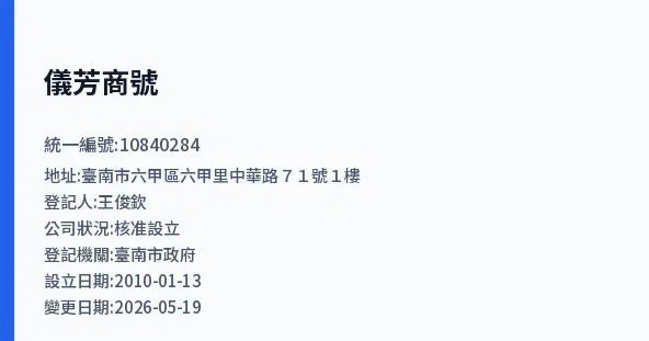 儀芳商號的照片-統編 10840284(臺南市) 公司登記資料與營業項目詳細圖表