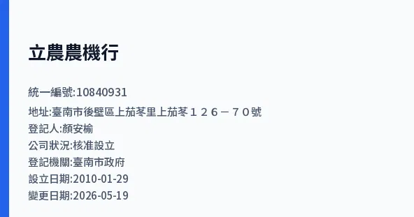 立農農機行的照片-統編 10840931(臺南市) 公司登記資料與營業項目詳細圖表