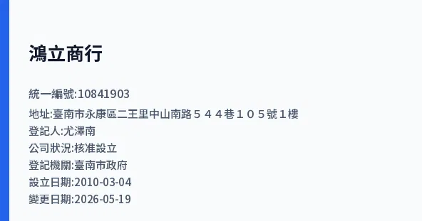 鴻立商行的照片-統編 10841903(臺南市) 公司登記資料與營業項目詳細圖表