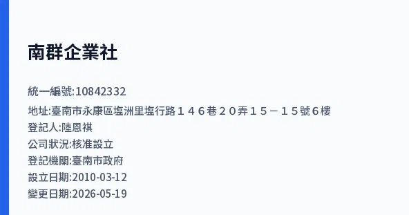 南群企業社的照片-統編 10842332(臺南市) 公司登記資料與營業項目詳細圖表