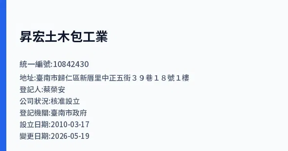 昇宏土木包工業的照片-統編 10842430(臺南市) 公司登記資料與營業項目詳細圖表