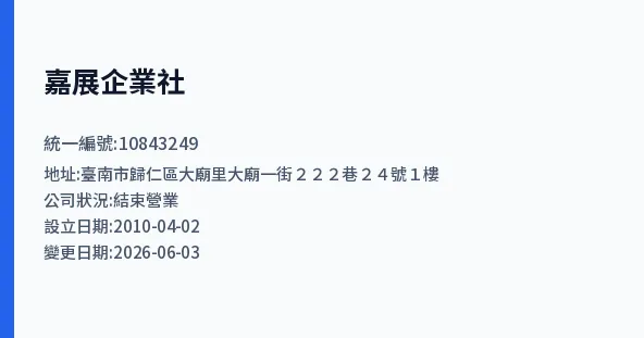 嘉展企業社的照片-統編 10843249(臺南市) 公司登記資料與營業項目詳細圖表