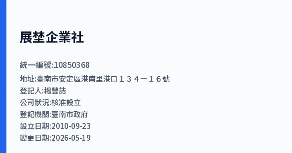 展埜企業社的照片-統編 10850368(臺南市) 公司登記資料與營業項目詳細圖表