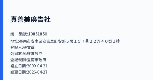 真善美廣告社的照片-統編 10851850(臺南市) 公司登記資料與營業項目詳細圖表