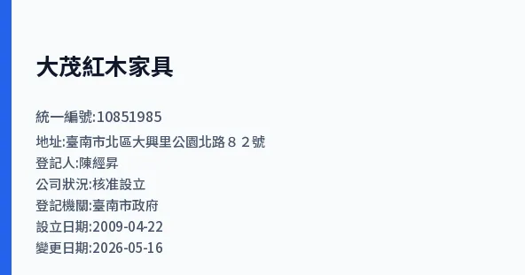 大茂紅木家具的照片-統編 10851985(臺南市) 公司登記資料與營業項目詳細圖表