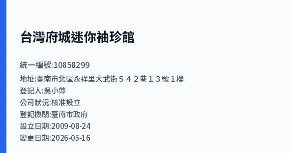 台灣府城迷你袖珍館的照片-統編 10858299(臺南市) 公司登記資料與營業項目詳細圖表
