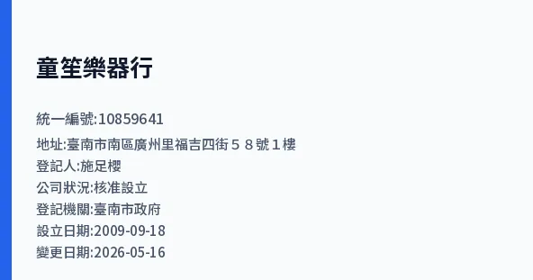 童笙樂器行的照片-統編 10859641(臺南市) 公司登記資料與營業項目詳細圖表