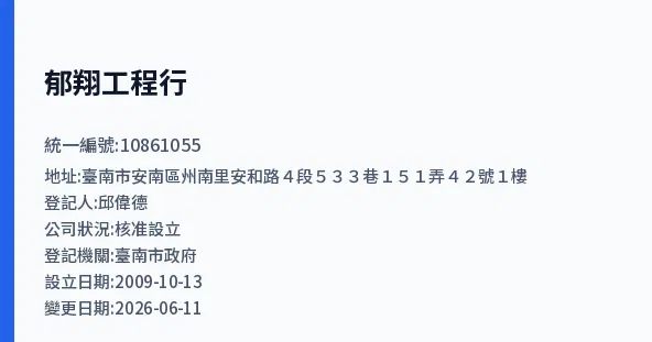 郁翔工程行的照片-統編 10861055(臺南市) 公司登記資料與營業項目詳細圖表