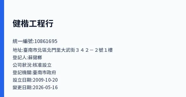 健楷工程行的照片-統編 10861695(臺南市) 公司登記資料與營業項目詳細圖表