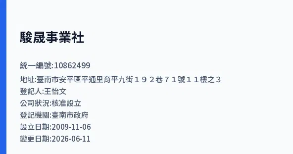 駿晟事業社的照片-統編 10862499(臺南市) 公司登記資料與營業項目詳細圖表