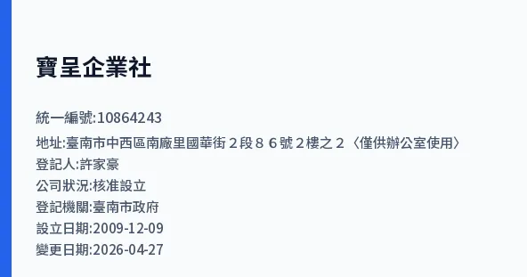 寶呈企業社的照片-統編 10864243(臺南市) 公司登記資料與營業項目詳細圖表