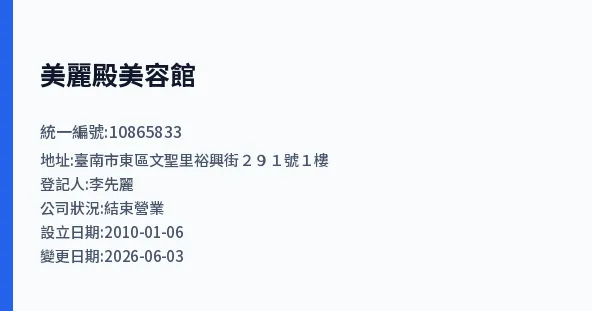 美麗殿美容館的照片-統編 10865833(臺南市) 公司登記資料與營業項目詳細圖表
