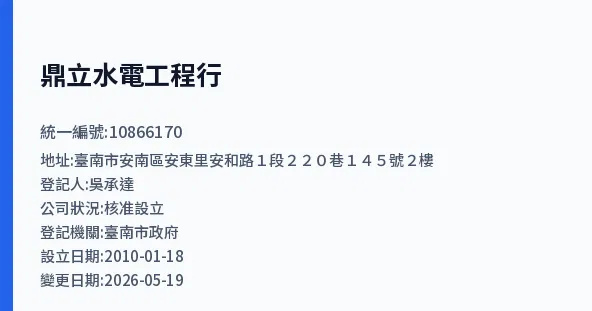 鼎立水電工程行的照片-統編 10866170(臺南市) 公司登記資料與營業項目詳細圖表