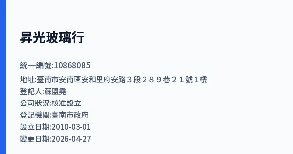 昇光玻璃行的照片-統編 10868085(臺南市) 公司登記資料與營業項目詳細圖表