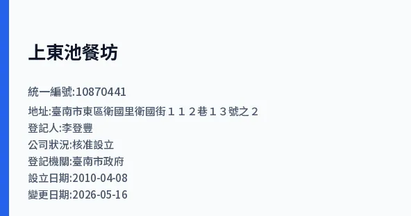 上東池餐坊的照片-統編 10870441(臺南市) 公司登記資料與營業項目詳細圖表
