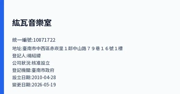 紘瓦音樂室的照片-統編 10871722(臺南市) 公司登記資料與營業項目詳細圖表