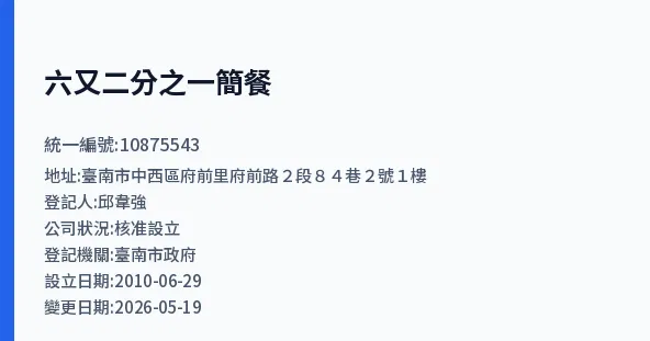 六又二分之一簡餐的照片-統編 10875543(臺南市) 公司登記資料與營業項目詳細圖表