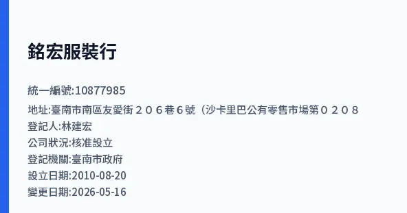 銘宏服裝行的照片-統編 10877985(臺南市) 公司登記資料與營業項目詳細圖表