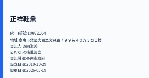 正祥鞋業的照片-統編 10882164(臺南市) 公司登記資料與營業項目詳細圖表