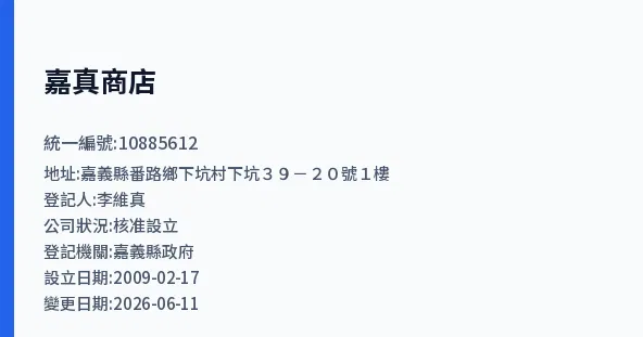 嘉真商店的照片-統編 10885612(嘉義縣) 公司登記資料與營業項目詳細圖表