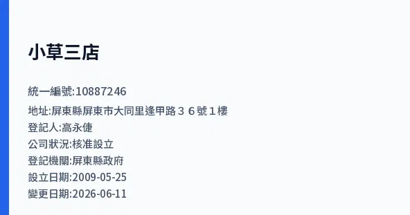 小草三店的照片-統編 10887246(屏東縣) 公司登記資料與營業項目詳細圖表